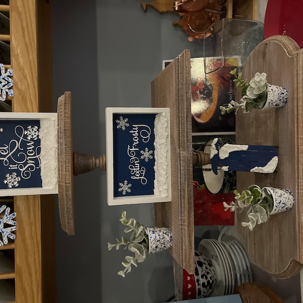 Let It Snow Decor Bundle, Winter Tiered Tray Set, Blue and White Tier ...