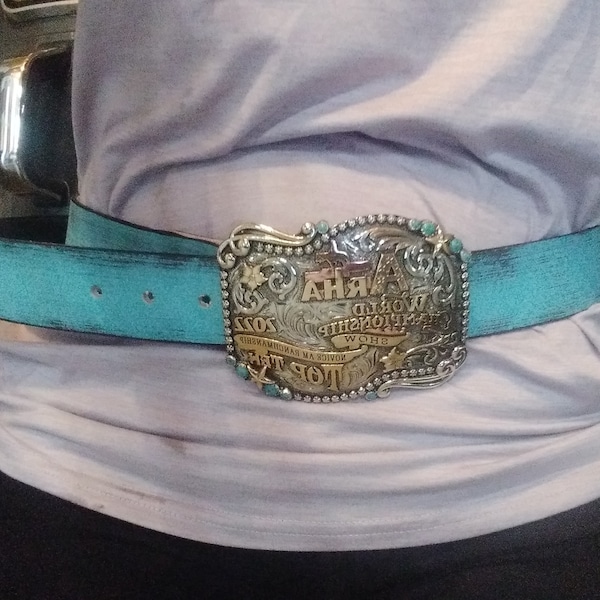 Light Blue Leather Snap Belt, Distressed Style (handmade, Custom Length ...