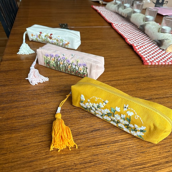 Hand Embroidered Pencil Case With Flower Embroidery, Pen Case, Floral ...
