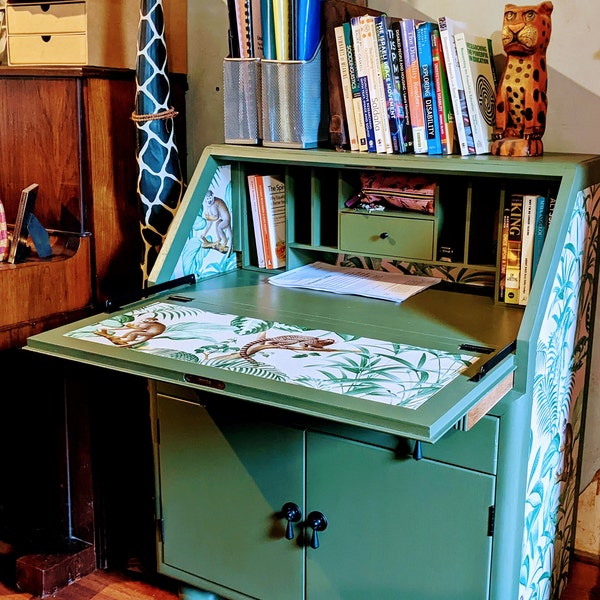 Vintage Lebus Green Writing Bureau Desk With Tropical Jungle - Custom ...