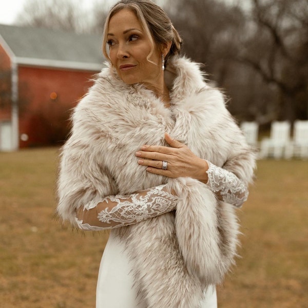 Blush With Black Tips Faux Fur Bridal Wrap, Wedding Fur Shrug, Bridal ...