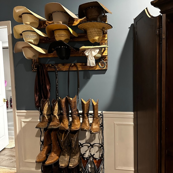 Cowboy Boot Rack: 6-boot Tree With Horseshoe Detail - Etsy