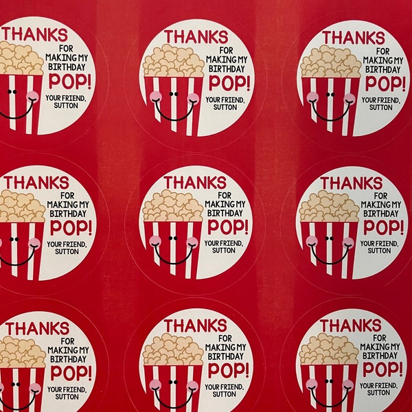 Popcorn Birthday Party Favor Stickers, Thank You Birthday Stickers ...