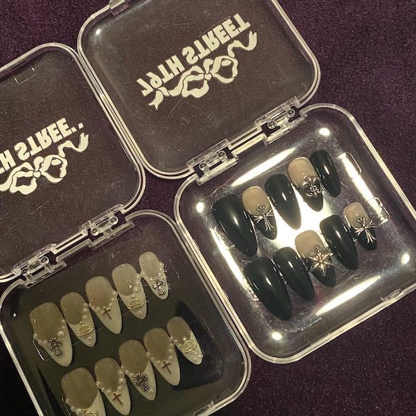 Be My Chrome Pearls French Tip Nails – Gothic Angelcore Cross & Orb ...