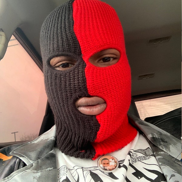 Ski Mask Red and Black Two Tone 3 Holes Half Red Half Black - Etsy