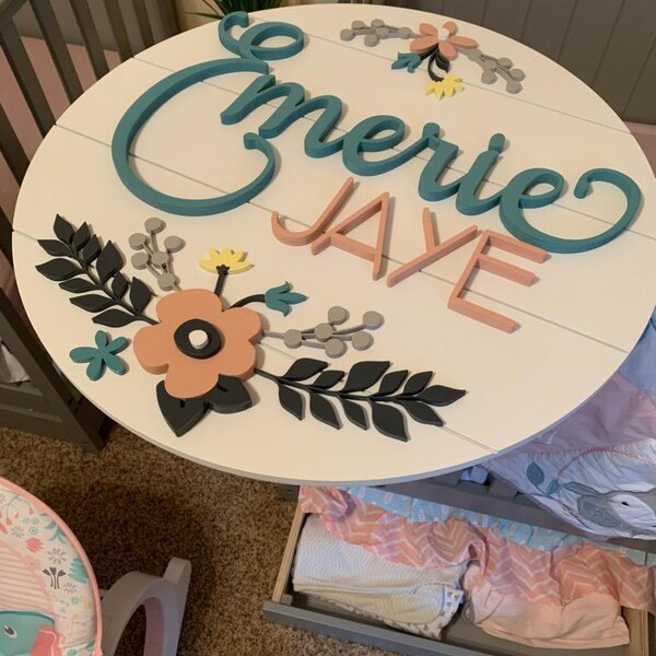 24 Baby Girl Name Sign With Floral Backboard on Shiplap Like Backboard ...