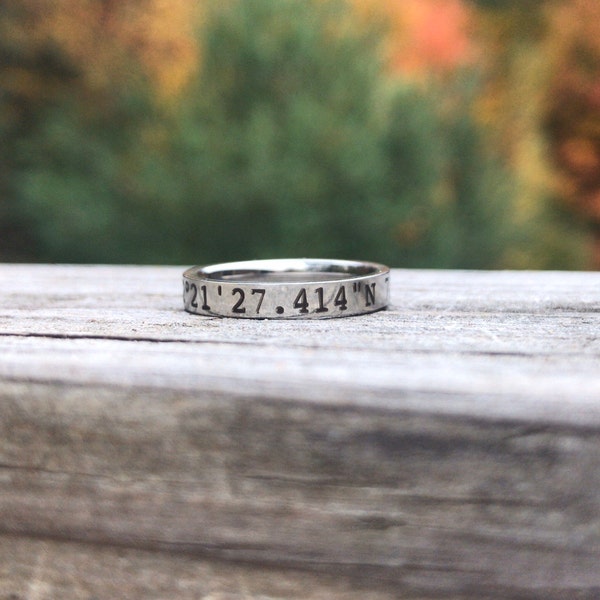 Latitude Longitude Stacking Ring, 3mm Engraved Coordinates Ring ...