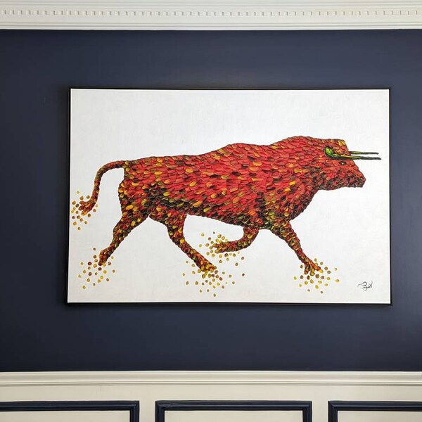 Red Bull Painting Running of the Bulls Abstract Artwork Steer Bright ...