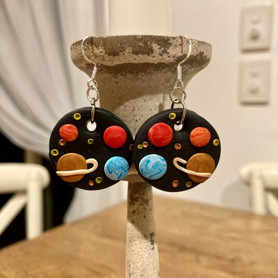 Space Dangle Earrings Silver Hooks Saturn Clay Earrings - Etsy