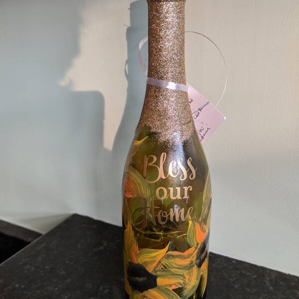Pink Roses Hand Painted Repurposed Small Wine Bottle With Lights Home ...