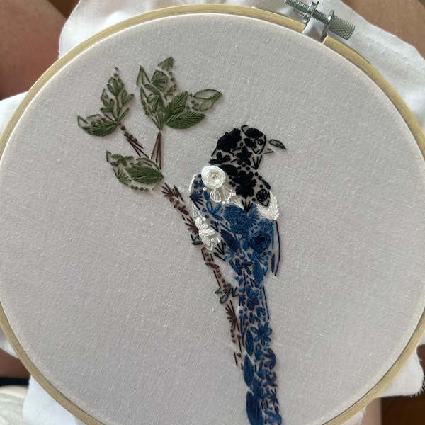 Black-billed Magpie Embroidery Pattern: Floral Bird Design (PDF Pattern ...