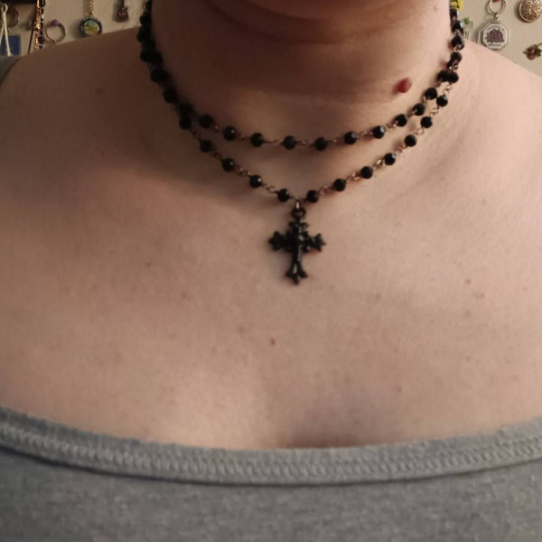 TEXTURED CHAIN CROSS Gunmetal Black Necklace Choose Single or Double ...