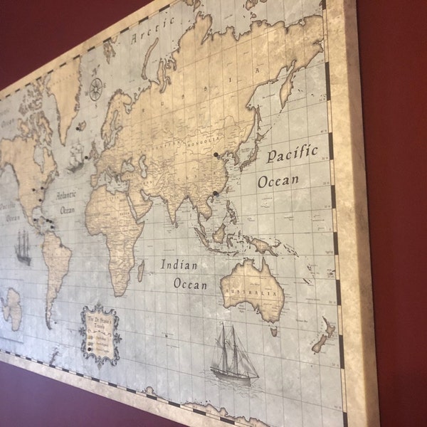 Push Pin World Map - Rustic Vintage Cork Pin Board Canvas (rustic ...