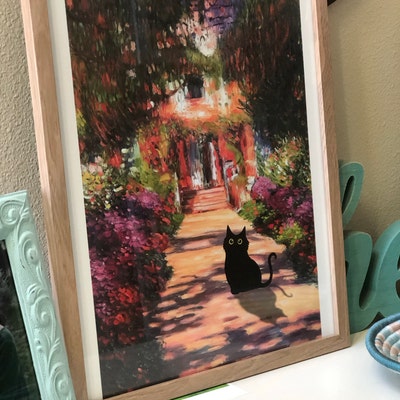 Monet Garden Cat Print, Claude Monet Flowers Cat Poster, Cat Art ...