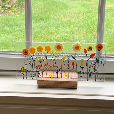 Summer Flower Garden Suncatcher, Wood Stand, Fused Glass, Handmade ...
