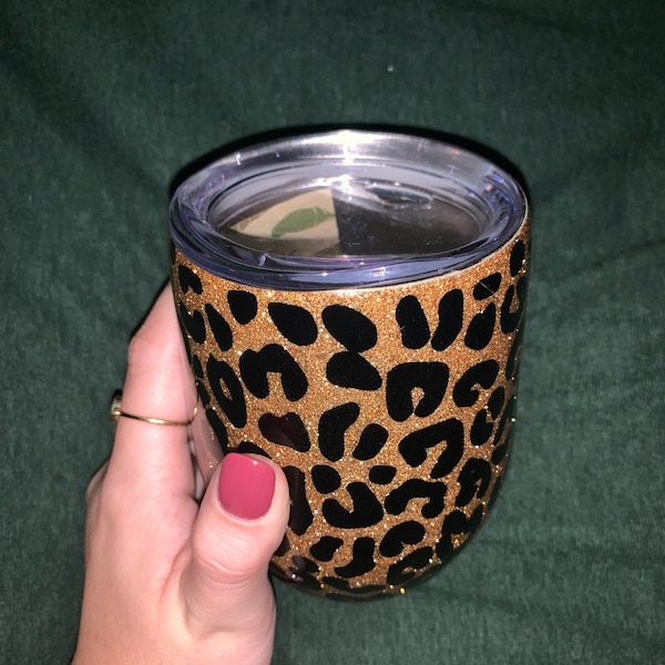 Cheetah Print Wine Glass | Stainless Tumbler With Lid | Hand Glittered ...