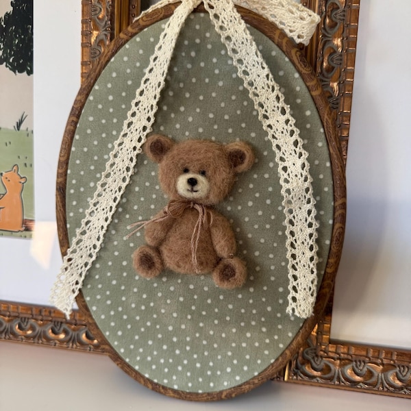 Vintage Needle Felted Bear Nursery Art – Personalized Name Embroidery ...