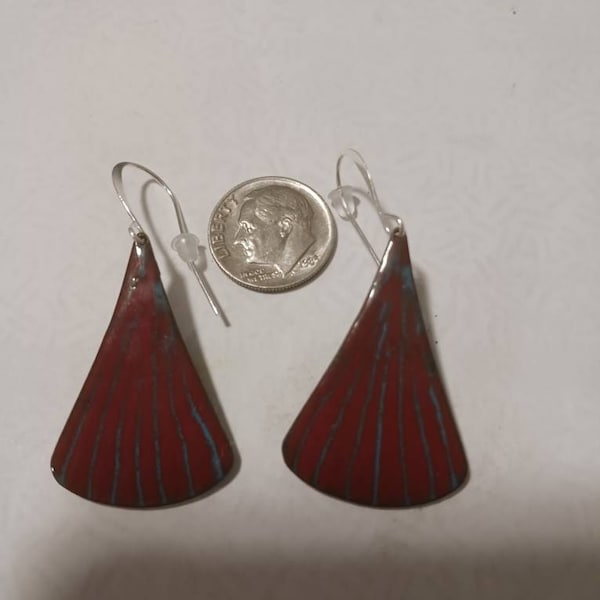 Red And Turquoise Copper Enamel Earring Sgraffito Enamel Enamel