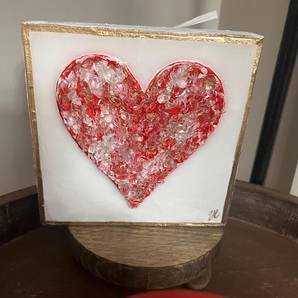 Textured Paint With Glass Heart, Block Art, Glass Art, Resin Art ...