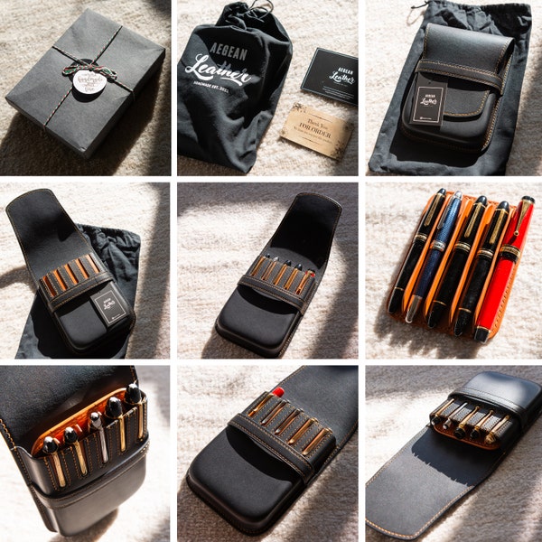 Golden Sand 5 Pen Case, Leather Triple Pen Case, Leather Fountain Pen ...