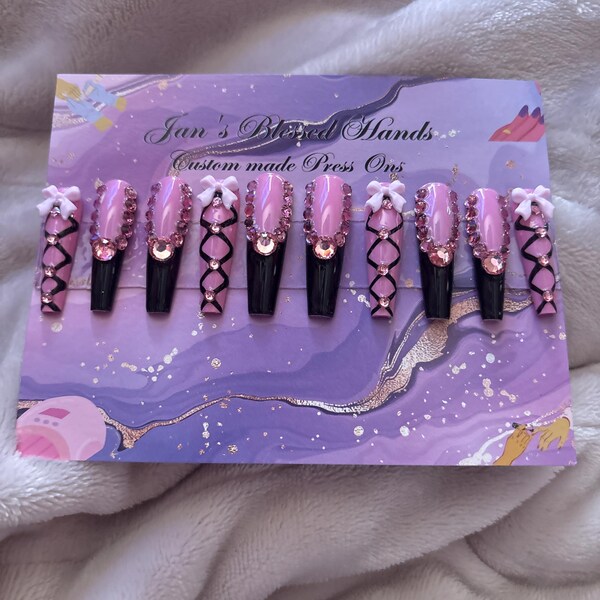 Pink and Black XL Square Bling French Tip Press on Nails - Etsy