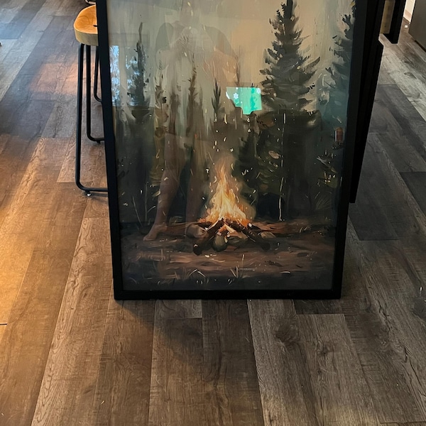 Rustic Campfire Oil Painting, Moody Pine Tree Poster Print, Camping ...
