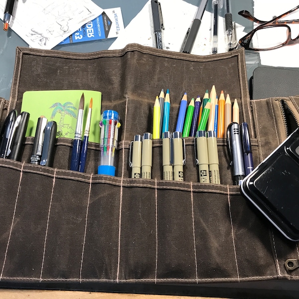 Large Waxed Canvas Journal Pouch, Roll up Pencil Case Pen Holder, Art ...
