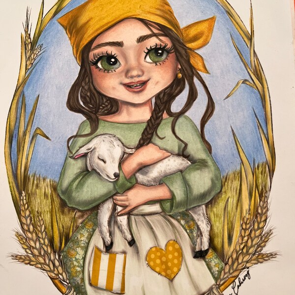 Golden Ears of Wheat Grayscale Coloring Page Happy Cute Farmer Girl and ...