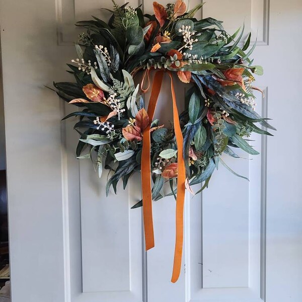 Neutral Fall Corn Husk and Pampas Grass Wreath, Camel Caramel Orange ...