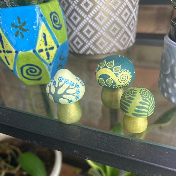 3 Hand Painted Wooden Fungi, Mushrooms, Toadstools, Botanical Themes ...