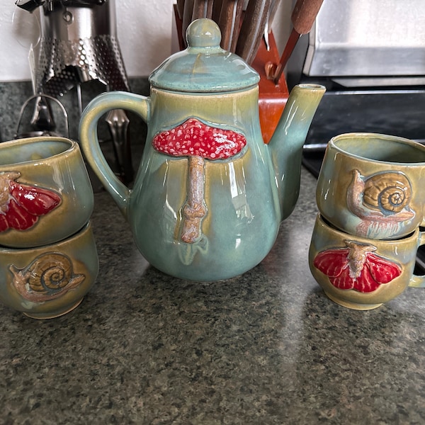 Hand-made Ceramic Mushroom Tea Pot Teapot Tea Cup Set Cups Stoneware ...