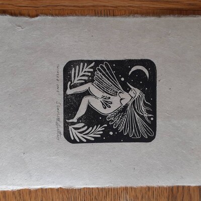 Winged One Small Lino Print Wild Woman Bird Woman A6 Print Linocut - Etsy