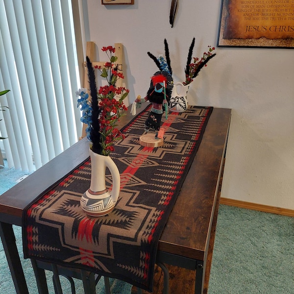 Table Runner in Oregon Wool-harding, Black Tan and Red Tribal Design ...