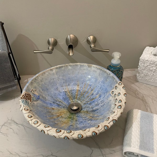 Custom Oval Crested Wave Ocean Vessel Sink Handmade Ceramic Pottery ...