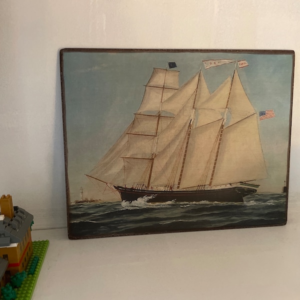 Handmade Antique Reproduction Primitive Ship With American Flag Folk ...