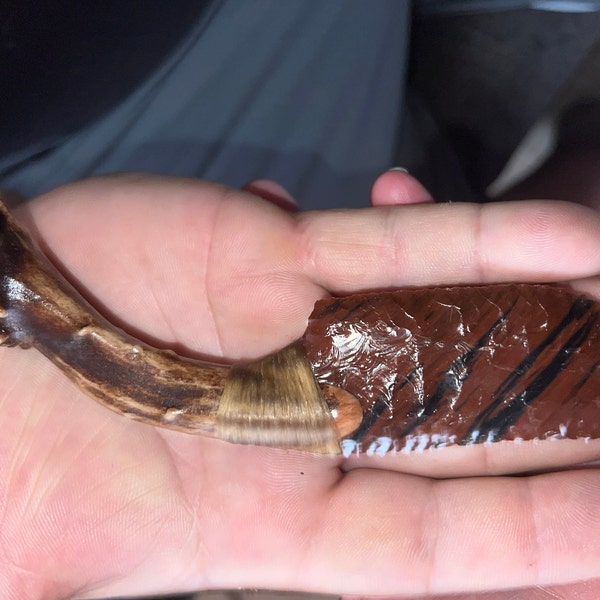 Large Knapped Glass Bowie Knife With Deer Antler Handle Flint Knapping ...