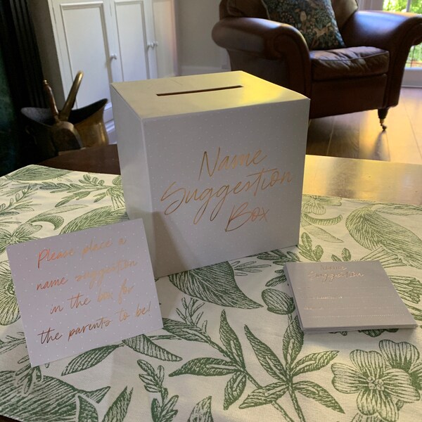 Baby Shower Name Suggestion Box & 30 Prediction Cards, Rose Gold Baby ...