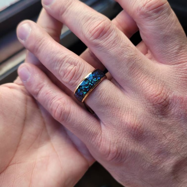 Green Blue Opal & Abalone Fragment Inlay Men's Unique Promise Ring ...