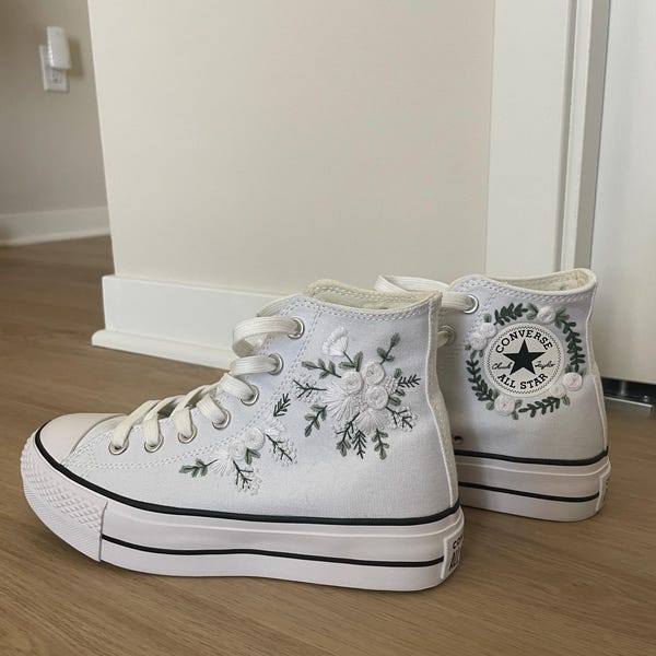 Custom Wedding Converse Platform: White Floral Embroidered Sneakers - Etsy