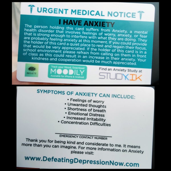 Anxiety Card, Anxiety Emergency Card, Anxiety Medical Card, Anxiety ...