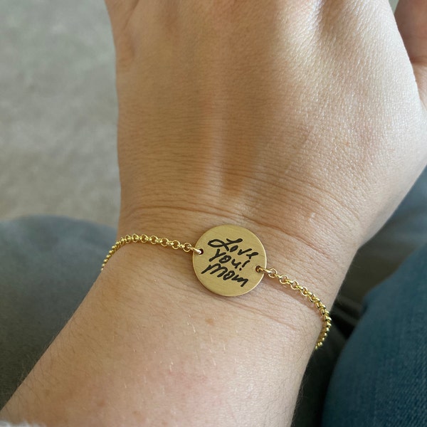 Handwriting Disc Bracelet - Engraved Signature Bracelet • Gold ...