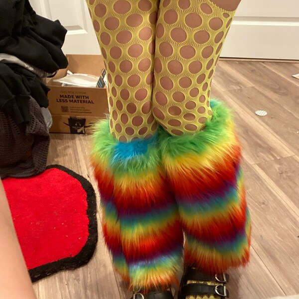 Rainbow Multi Stripe Furry Fluffy Legwarmer Boot/cover Rave Cyber ...
