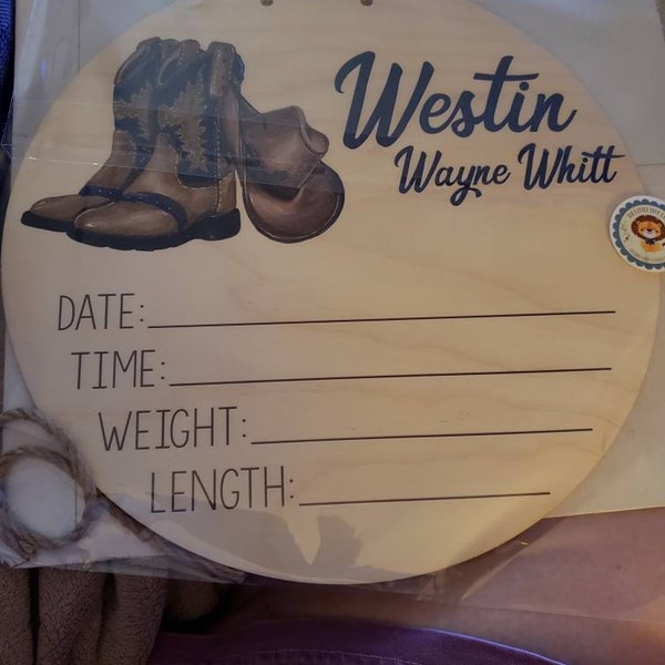 Cowboy Birth Stat Sign, Round Wood Birth Stat Sign, Western Birth Stat ...