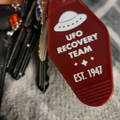 UFO Recovery Team Retro Burgundy Plastic Hotel Keychain // Typography ...