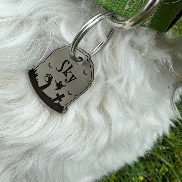 Tombstone Pet Tag, Spooky Pet ID Tag, Witch, Bats, Halloween Pet Tag ...
