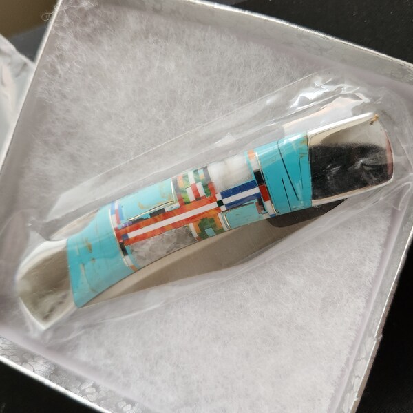 Southwestern Inlay Knife With Leather Sheath - Turquoise Inlay With ...