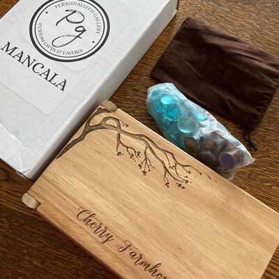 Mancala Board African Stone Game engraved Floral Wood Flower Girl Gift ...