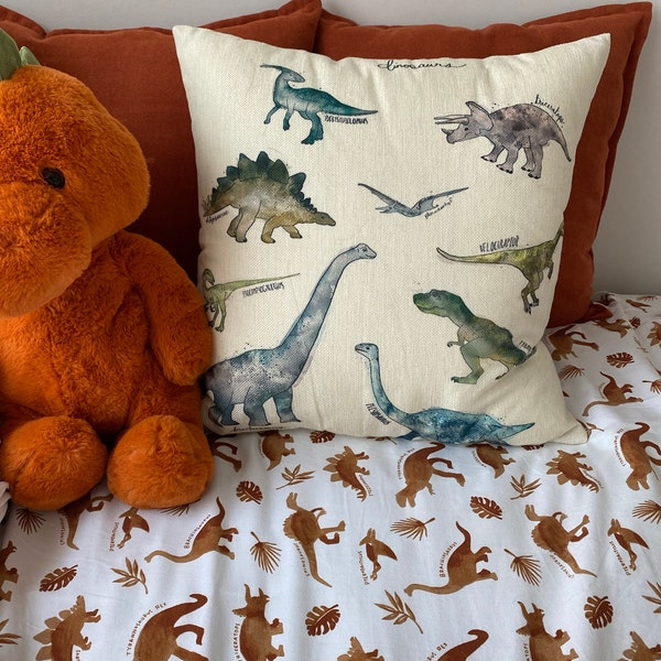 Linen Watercolor Dinosaur Cushion Cover, Dino Decor, Cotton Triceratops ...