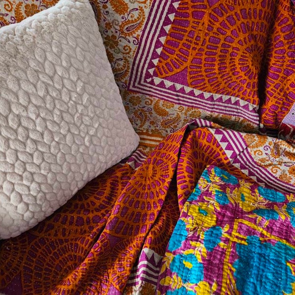 Bohemian Vintage Indian Kantha Quilt Handmade Kantha Blanket Reversible ...
