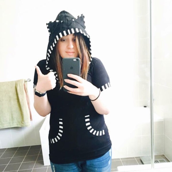 Black Cat Shirt Hoodie Stripes Ears Kitty Kawaii - Etsy